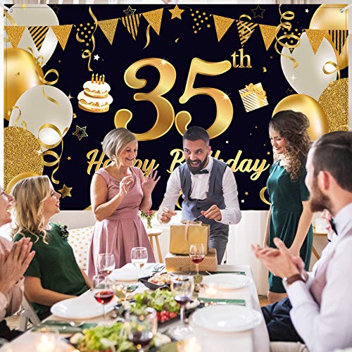 Happy 35th Birthday Party Decorations, Extra Large Black Gold 35th Birthday Party Banner Photo Backdrop Background for Men Women 35th Birthday Anniversary Party Decor Supplies 72.8 x 43.3 Inch