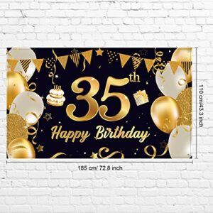 Happy 35th Birthday Party Decorations, Extra Large Black Gold 35th Birthday Party Banner Photo Backdrop Background for Men Women 35th Birthday Anniversary Party Decor Supplies 72.8 x 43.3 Inch