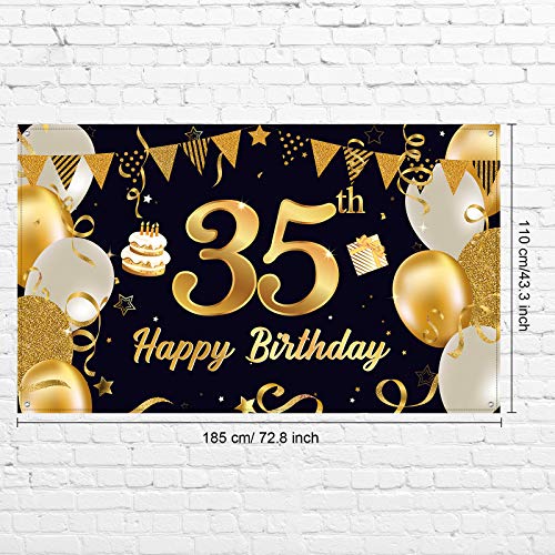 Happy 35th Birthday Party Decorations, Extra Large Black Gold 35th Birthday Party Banner Photo Backdrop Background for Men Women 35th Birthday Anniversary Party Decor Supplies 72.8 x 43.3 Inch