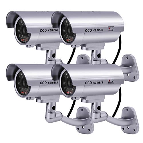 Dummy Security Camera, FITNATE 4 Packs Fake Surveillance Security CCTV Camera System with LED Red Flashing Light for Both Indoor & Outdoor Use + Security Camera Warning Stickers × 4 (Silver)