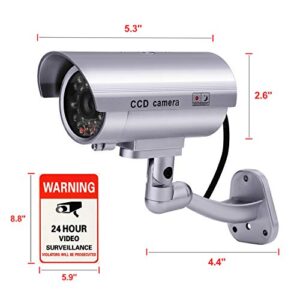 Dummy Security Camera, FITNATE 4 Packs Fake Surveillance Security CCTV Camera System with LED Red Flashing Light for Both Indoor & Outdoor Use + Security Camera Warning Stickers × 4 (Silver)