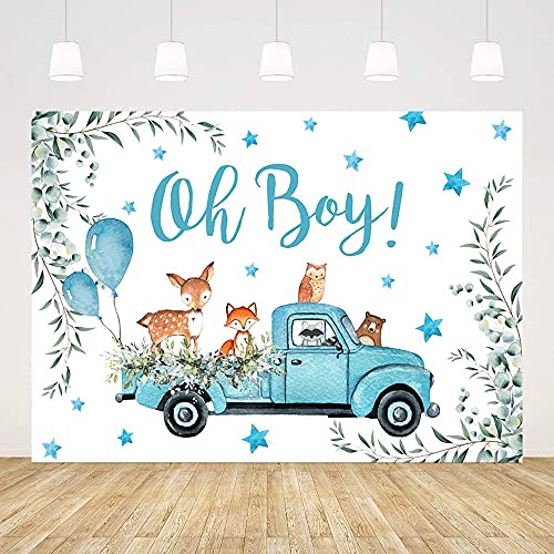 ABLIN 7x5ft Boy Baby Shower Woodland Theme Party Backdrop Oh Boy Blue Truck Balloons Green Leaves Cute Sika Deer Owl Fox Bear Photo Background Gender Reveal Party Decorations Props