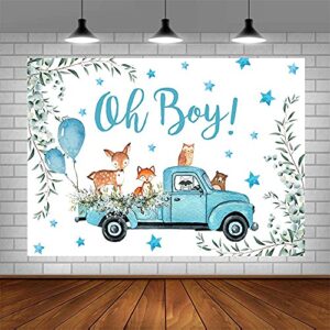 ABLIN 7x5ft Boy Baby Shower Woodland Theme Party Backdrop Oh Boy Blue Truck Balloons Green Leaves Cute Sika Deer Owl Fox Bear Photo Background Gender Reveal Party Decorations Props