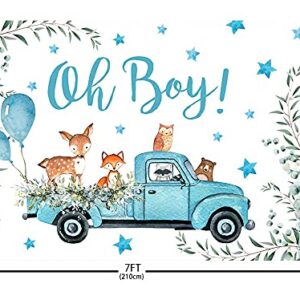 ABLIN 7x5ft Boy Baby Shower Woodland Theme Party Backdrop Oh Boy Blue Truck Balloons Green Leaves Cute Sika Deer Owl Fox Bear Photo Background Gender Reveal Party Decorations Props