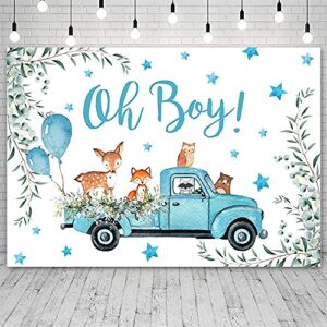 ABLIN 7x5ft Boy Baby Shower Woodland Theme Party Backdrop Oh Boy Blue Truck Balloons Green Leaves Cute Sika Deer Owl Fox Bear Photo Background Gender Reveal Party Decorations Props