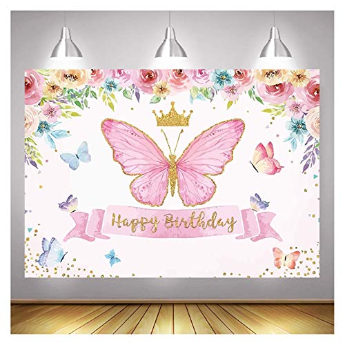 XLL Happy Birthday Theme Photography Backdrops Butterfly Pink Rose Flower Crown Photo for Fairy Princess Girl Birthday Party Decoration Banner Studio Cake Table Floral Background 5x3ft