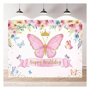 XLL Happy Birthday Theme Photography Backdrops Butterfly Pink Rose Flower Crown Photo for Fairy Princess Girl Birthday Party Decoration Banner Studio Cake Table Floral Background 5x3ft