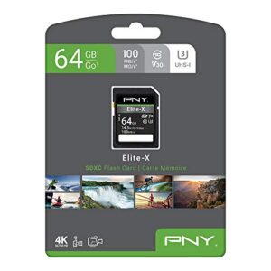 PNY 64GB Elite-X Class 10 U3 V30 SDXC Flash Memory Card - 100MB/s, Class 10, U3, V30, 4K UHD, Full HD, UHS-I, Full Size SD