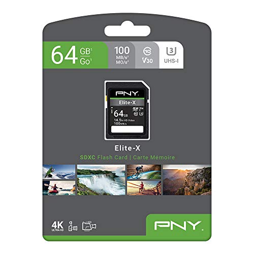 PNY 64GB Elite-X Class 10 U3 V30 SDXC Flash Memory Card - 100MB/s, Class 10, U3, V30, 4K UHD, Full HD, UHS-I, Full Size SD