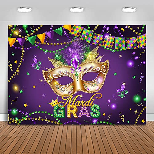 Mocsicka Mardi Gras Backdrop Masquerade Party Background Purple Green Gold Beads Mardi Gras Carnival Dress-up Party Cake Table Decoration Photo Booth Props (7x5ft)