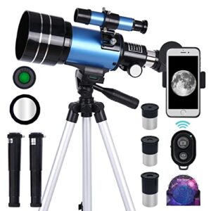 telescope for adults & kids, 70mm aperture professional astronomy refractor telescope for beginners, 300mm portable refractor telescope with az mount, phone adapter & wireless remote (blue)