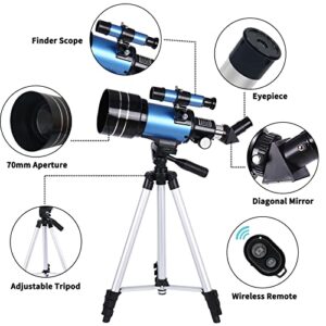 Telescope for Adults & Kids, 70mm Aperture Professional Astronomy Refractor Telescope for Beginners, 300mm Portable Refractor Telescope with AZ Mount, Phone Adapter & Wireless Remote (Blue)