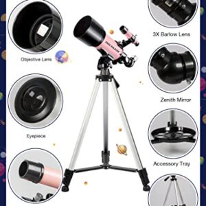 Telescope for Kids Girls Astronomy Beginners - 70mm Aperture and 400mm Focal Length Professional Refractor Telescope for Adults Great Christmas Astronomy Gift for Kids with Gift Package, Pink