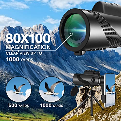 80x100 Monocular-Telescope High Powered Monocular for Adults Monocular for Smartphone Adapter Monocular Telescope Hunting Wildlife Bird Watching Travel Camping Hiking