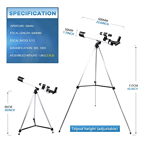 Telescopes for Adults Astronomy, 30X-300X Refractor Telescope for Kids and Beginners, 50mm Aperture 600mm Portable Telescope with Tripod, Phone Adapter, Shutter Remote to View Moon and Stars