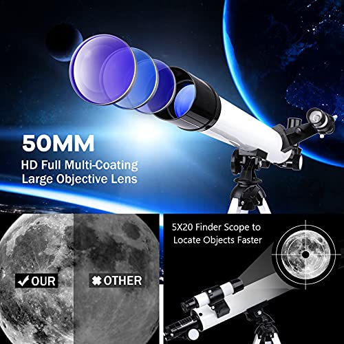 Telescopes for Adults Astronomy, 30X-300X Refractor Telescope for Kids and Beginners, 50mm Aperture 600mm Portable Telescope with Tripod, Phone Adapter, Shutter Remote to View Moon and Stars