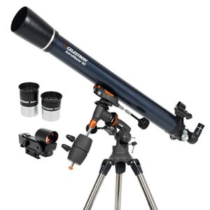 celestron – astromaster 90eq refractor telescope – refractor telescope for beginners – fully-coated glass optics – adjustable-height tripod – bonus astronomy software package