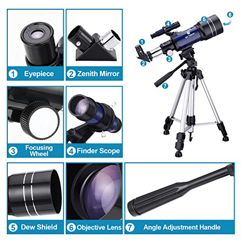 Telescope for Kids Beginners, 150X Magnification, 70mm Aperture 300mm Astronomical Refractor Telescope with Phone Adapter, Wire Shutter, Moon Filter and Carry Bag