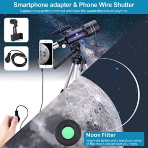 Telescope for Kids Beginners, 150X Magnification, 70mm Aperture 300mm Astronomical Refractor Telescope with Phone Adapter, Wire Shutter, Moon Filter and Carry Bag