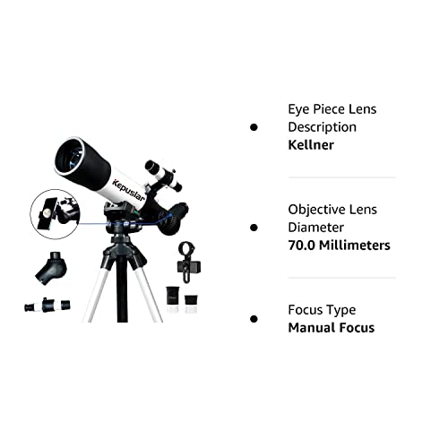 ESSENWI 70mm Refractor Telescope: 2 Eyepieces, Phone Adapter & Tripod. Fully-Coated Glass Optics for Beginners, Kids & Adults - Portable Travel Telescope.