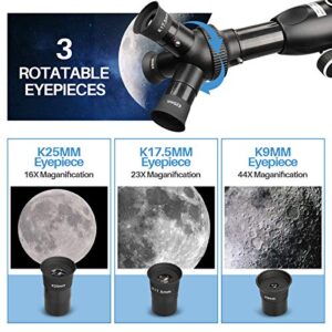 Telescope for Adults Kids Beginners, 3 Rotatable Eyepieces 80mm Aperture HD Refractor Telescope for Astronomy, 16~44X High Magnification, with Phone Photo Adapter, Carry Bag