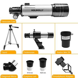 MOLIMOLLY Telescope for Kids Beginners Adults, 70mm Aperture 400mm AZ Mount Portable Astronomical Refractor Telescope,Adjustable Height Tripod Travel Telescope with Backpack,Smartphone Adapter