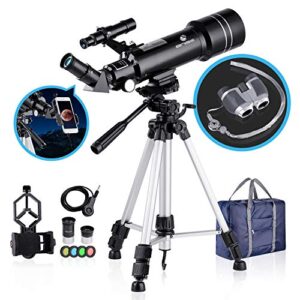 bnise 70mm portable refractor telescope & hd binoculars, fully coated glass optics, ideal telescope for kids beginners, with adjustable tripod smartphone adapter moon filter and carry bag