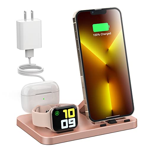 MODOCH 3 in 1 Charging Station for Apple Multiple Devices, Foldable and Portable Travel Charging Dock Compatible with iPhone Airpods Apple Watch Charger Stand with Adapter (Rose Gold)