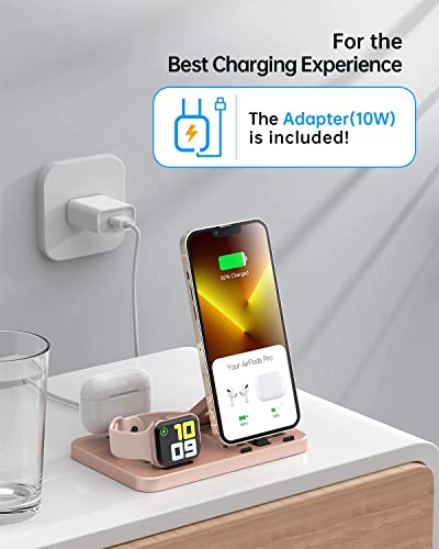 MODOCH 3 in 1 Charging Station for Apple Multiple Devices, Foldable and Portable Travel Charging Dock Compatible with iPhone Airpods Apple Watch Charger Stand with Adapter (Rose Gold)