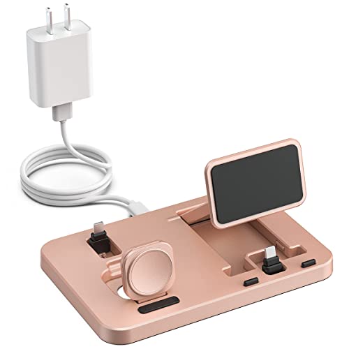 MODOCH 3 in 1 Charging Station for Apple Multiple Devices, Foldable and Portable Travel Charging Dock Compatible with iPhone Airpods Apple Watch Charger Stand with Adapter (Rose Gold)