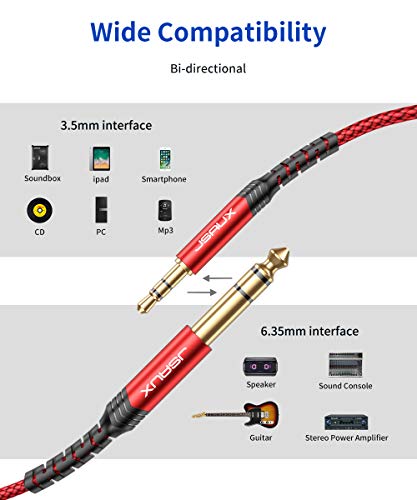 JSAUX 3.5mm to 6.35mm Stereo Audio Cable, 6.35mm 1/4" Male to 3.5mm 1/8" Male TRS Bidirectional Stereo Audio Cable Jack 4FT for Guitar, iPod, Laptop, Home Theater Devices, Speaker and Amplifiers-Red