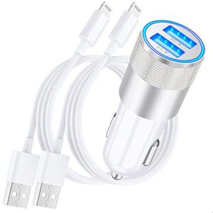 [apple mfi certified] iphone fast car charger, rombica 4.8a dual usb smart power car rapid charger with 2 pack lightning to usb quick car charging cord for iphone 14/13/12/11/xs/xr/se/x 8/ipad/airpods