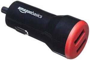 amazon basics 24w (4.8a) two-port usb-a car charger for apple, android devices and more – black and red