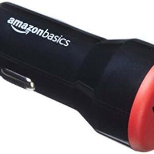 Amazon Basics 24W (4.8A) Two-Port USB-A Car Charger for Apple, Android Devices and more - Black and Red