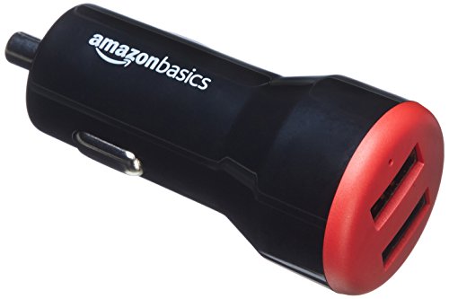 Amazon Basics 24W (4.8A) Two-Port USB-A Car Charger for Apple, Android Devices and more - Black and Red