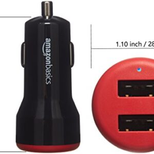 Amazon Basics 24W (4.8A) Two-Port USB-A Car Charger for Apple, Android Devices and more - Black and Red