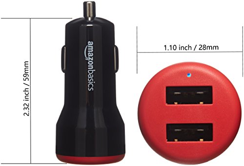 Amazon Basics 24W (4.8A) Two-Port USB-A Car Charger for Apple, Android Devices and more - Black and Red