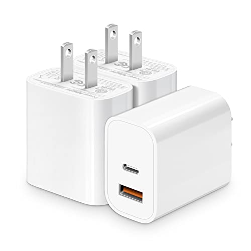 Charger Block USB and USB C Port [3 Pack] USB Wall Charger Multiport [PD 20W USB-C & QC 3.0 USB Port] Compatible with iPhone 13/12/11/X/8, iPad, Samsung, Google, Galaxy and More