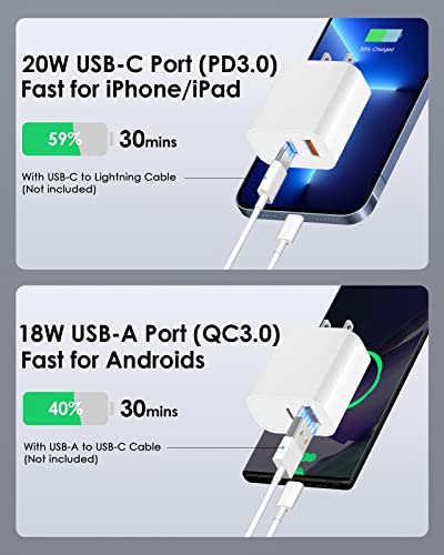 Charger Block USB and USB C Port [3 Pack] USB Wall Charger Multiport [PD 20W USB-C & QC 3.0 USB Port] Compatible with iPhone 13/12/11/X/8, iPad, Samsung, Google, Galaxy and More