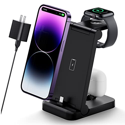 3 in 1 Charging Station, Foldable Charger Stand for Multiple Devices, iPhone Charging Station with 18W Wall Adapter, Fast Charge Portable Travel Charger Compatible with iPhone, iWatch, AirPods