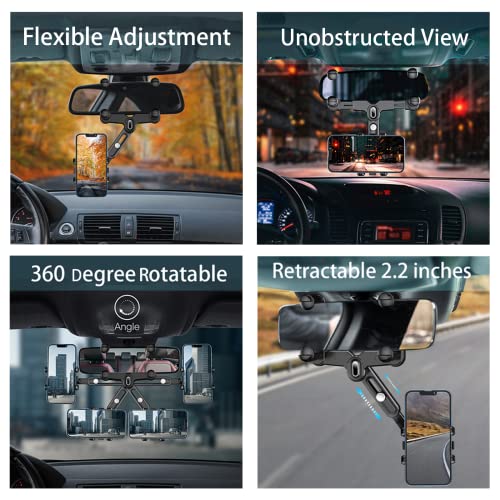 Rearview Mirror Phone Holder for Car,360°Rotatable and Retractable Car Phone Holder Multifunctional Rear View Mirror Phone Holder,Four Corners Fixed Anti-Shake Design,for All Mobile Phones and All Car