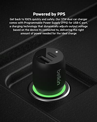 Belkin 37 Watt Dual USB Car Charger - Power Delivery 25W USB C Port & 12W USB A Port for PPS Charging Apple iPhone 14, 14 Pro, 14 Pro Max, iPhone 13, Samsung Galaxy, AirPods & More