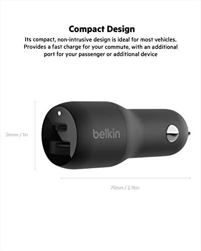 Belkin 37 Watt Dual USB Car Charger - Power Delivery 25W USB C Port & 12W USB A Port for PPS Charging Apple iPhone 14, 14 Pro, 14 Pro Max, iPhone 13, Samsung Galaxy, AirPods & More