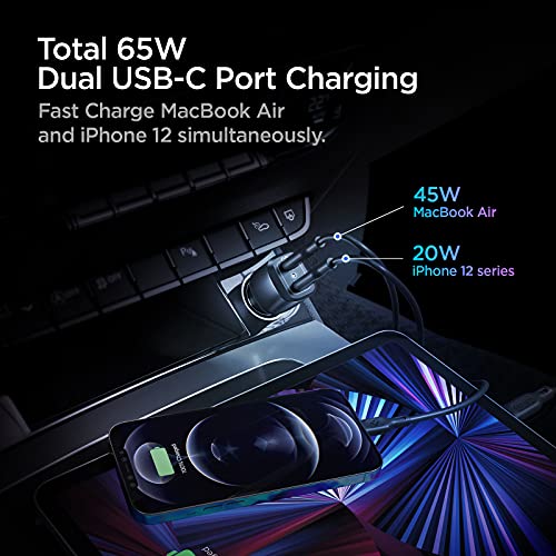 Spigen USB C Car Charger, 65W Dual USB Car Charger Fast Charge (PD 3.0 45W + 20W) Type C Car Adapter for iPhone 14 13 Pro Max SE 2022 12 Mini Pixel MacBook Air iPad Galaxy S23 S22 S21 Ultra Plus Note