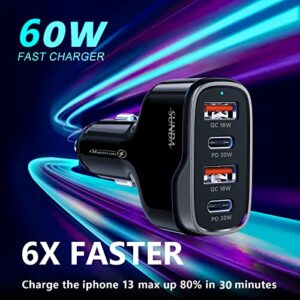 SUNDA 60W USB C Fast Car Charger, 4-Ports Car Charger Adapter, Dual Type C PD30W/PPS30W Compatible with iPhone14/13 Pro/Max/iPhone12/Galaxy/SamsungS23, Dual USB-A 18W QC3.0 for Android(Black)