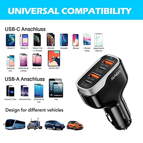 SUNDA 60W USB C Fast Car Charger, 4-Ports Car Charger Adapter, Dual Type C PD30W/PPS30W Compatible with iPhone14/13 Pro/Max/iPhone12/Galaxy/SamsungS23, Dual USB-A 18W QC3.0 for Android(Black)