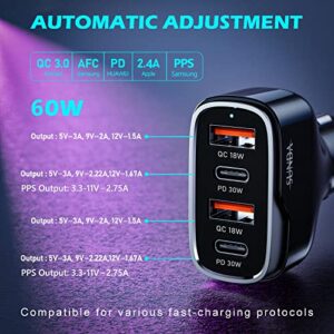 SUNDA 60W USB C Fast Car Charger, 4-Ports Car Charger Adapter, Dual Type C PD30W/PPS30W Compatible with iPhone14/13 Pro/Max/iPhone12/Galaxy/SamsungS23, Dual USB-A 18W QC3.0 for Android(Black)