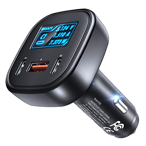 101W Superfast Car Charger USB C, [All Metal] 2PD + QC3.0 USB Car Cigarette Lighter USB Charger with OLED Display for MacBook, Laptop, iPhone 14/13/12, Samsung, Google Pixel All Smartphone