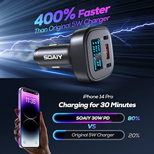 101W Superfast Car Charger USB C, [All Metal] 2PD + QC3.0 USB Car Cigarette Lighter USB Charger with OLED Display for MacBook, Laptop, iPhone 14/13/12, Samsung, Google Pixel All Smartphone