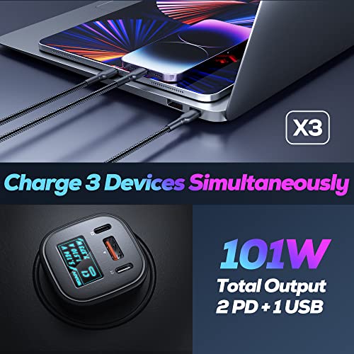 101W Superfast Car Charger USB C, [All Metal] 2PD + QC3.0 USB Car Cigarette Lighter USB Charger with OLED Display for MacBook, Laptop, iPhone 14/13/12, Samsung, Google Pixel All Smartphone